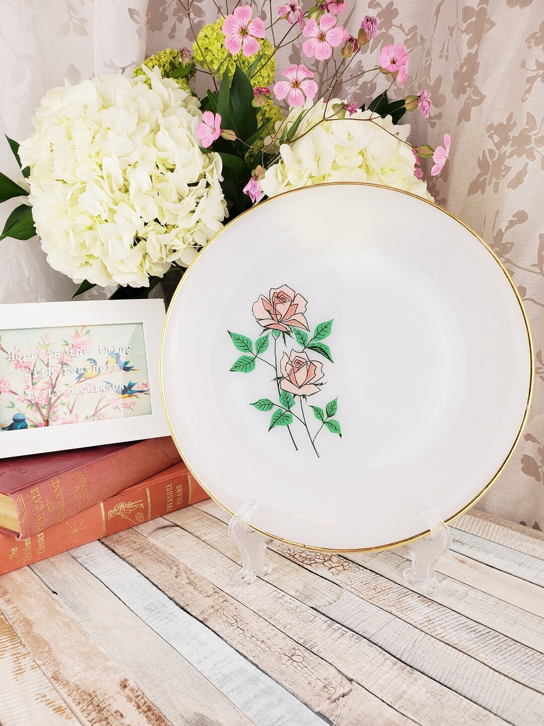 RARE! Fire-king Anniversary Rose Milk Glass Plate, 10 Inch Milkglass ...