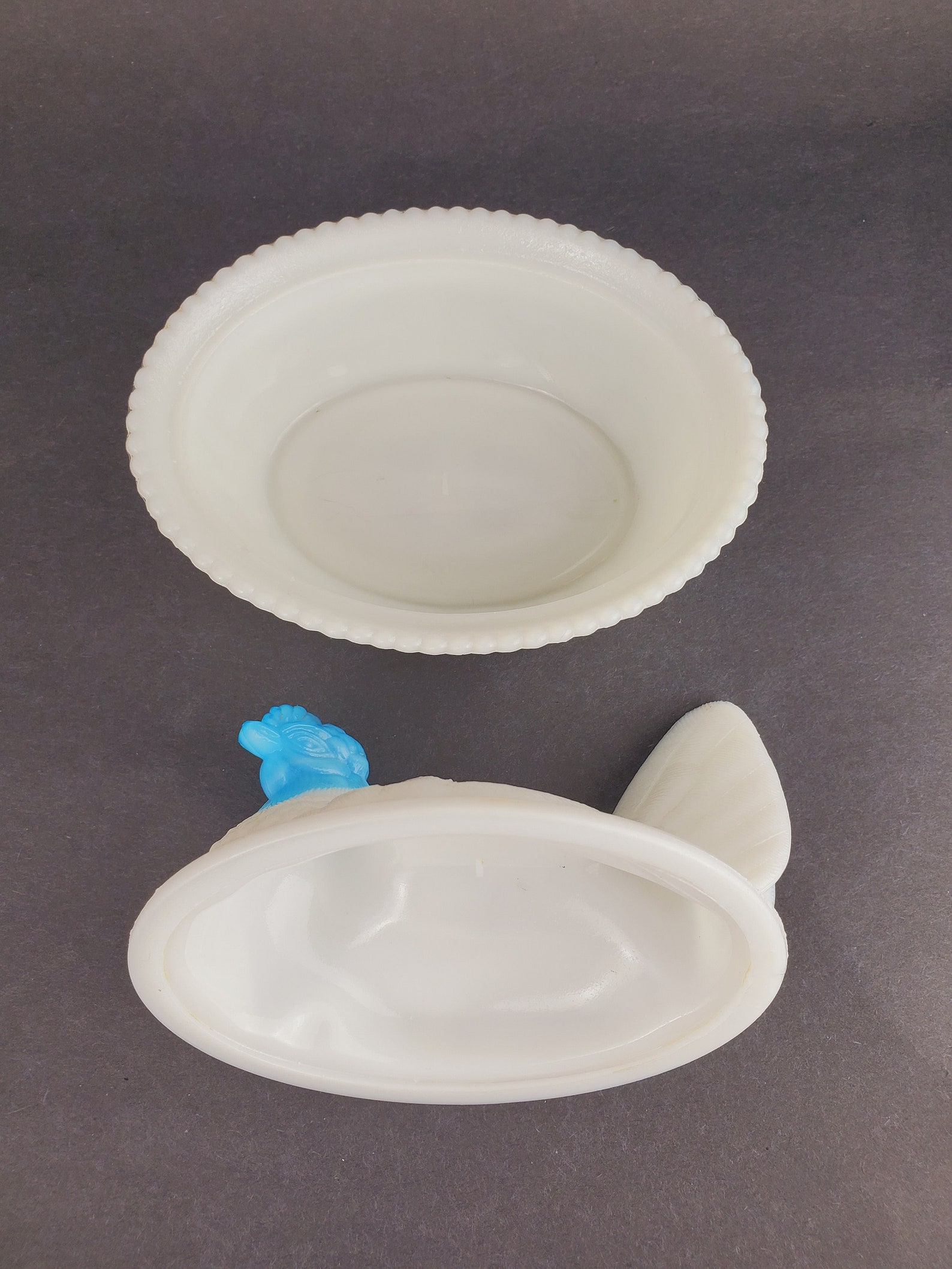 Westmoreland Glass Milk Glass Hen in a Nest With Blue Slag Glass Head ...