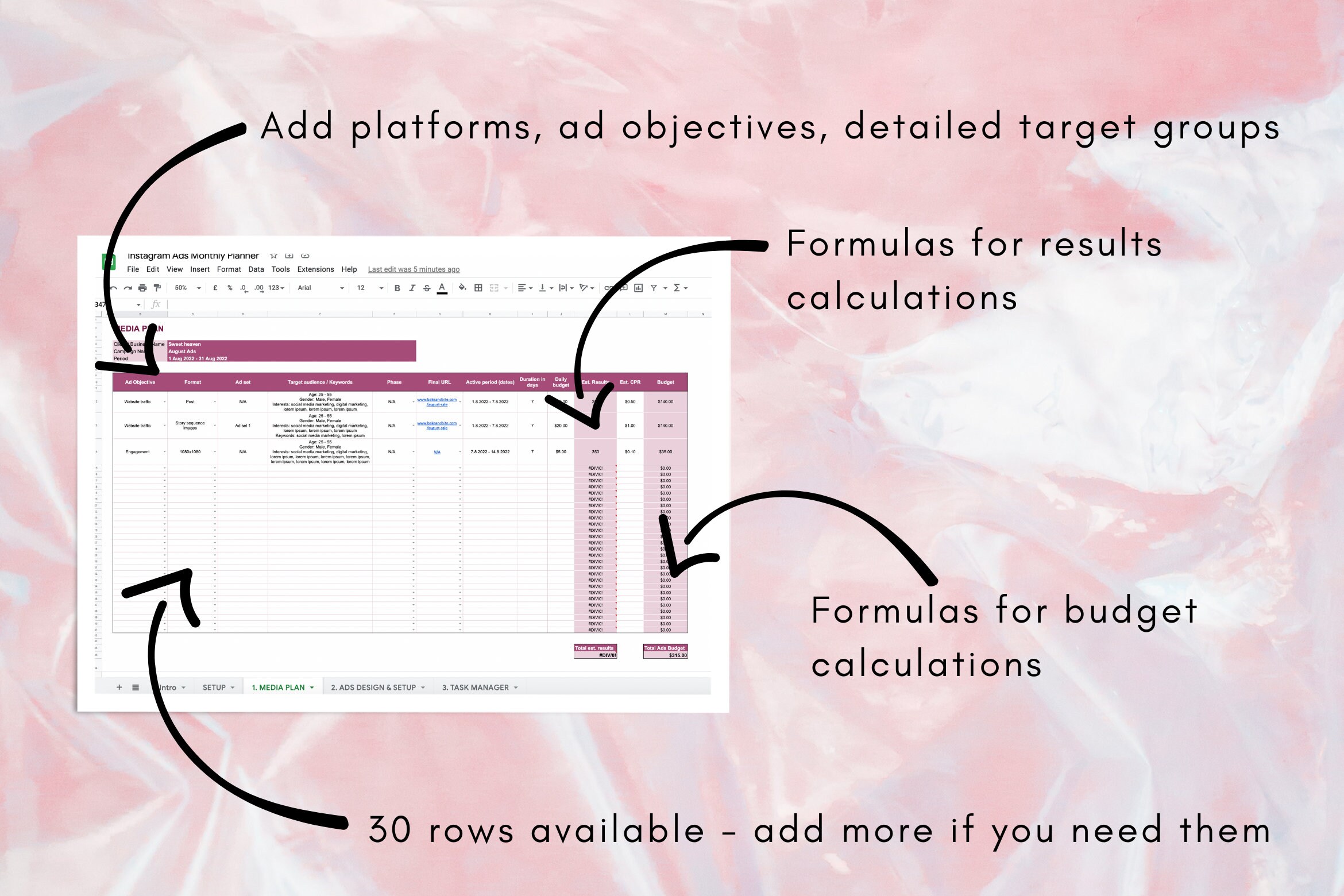 Instagram Ads Planner – Social Media Marketing in Google Sheets ...