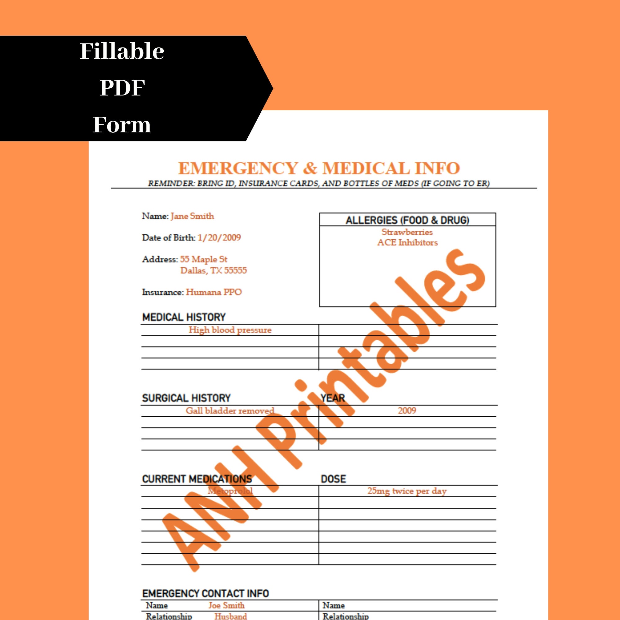 Emergency Contact and Medical Info Sheet: Contact Information Sheet ...