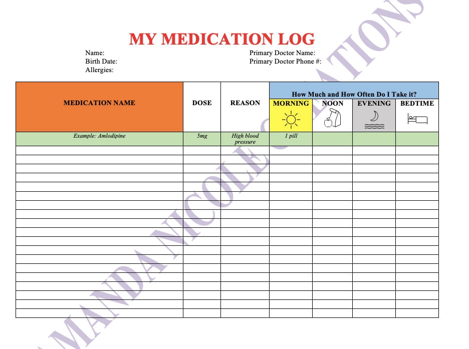 Medication Log Info Sheet: Contact Information Sheet, Medication List ...