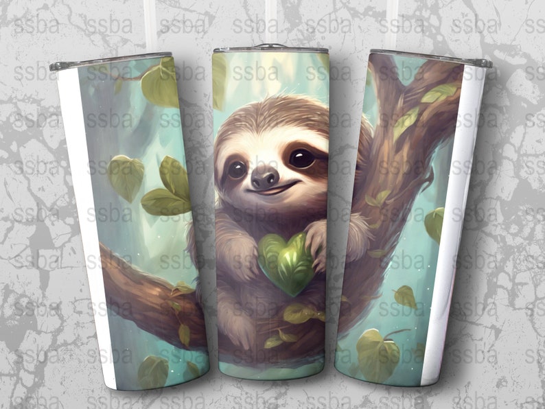 Sloth With Leaf Hearts Digital Png 20 Oz Skinny Tumbler Sublimation ...