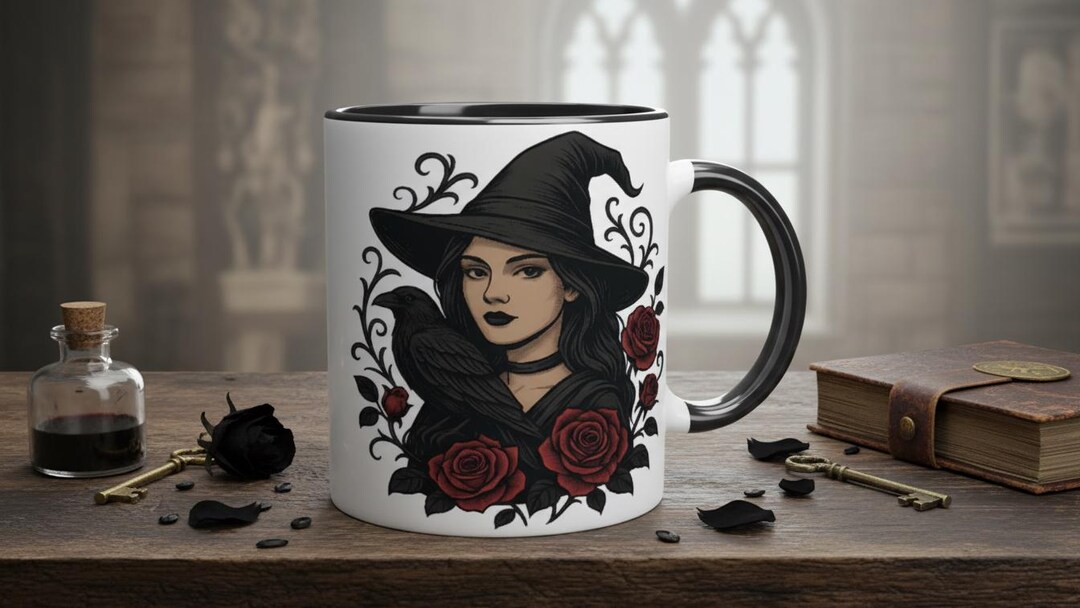 Gothic Witch Mug With Raven and Roses – Mystical Coffee Mug in Gothic ...