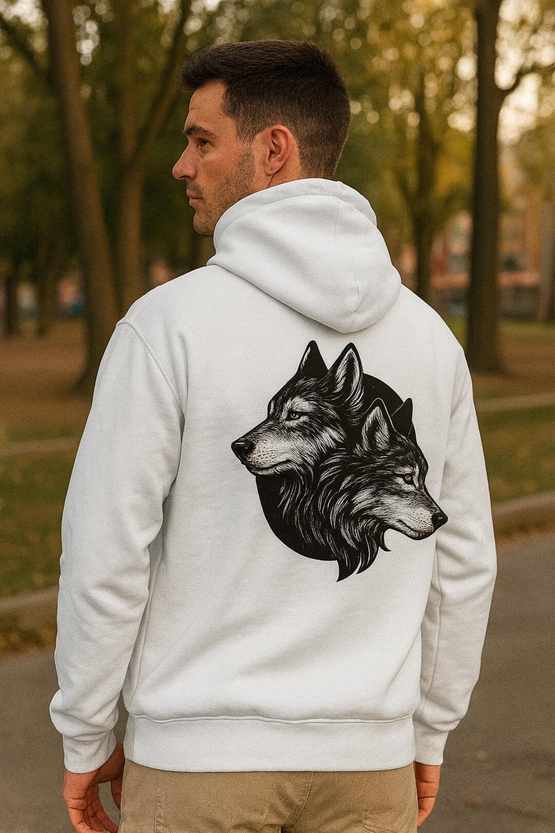 Men's Wolf Motif Hoodie – Two Wolves Design, Mystic Hoodie for Men ...