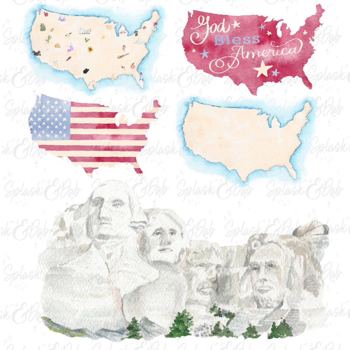 4th of July Watercolor Clipart Patriotic Clipart USA | Etsy