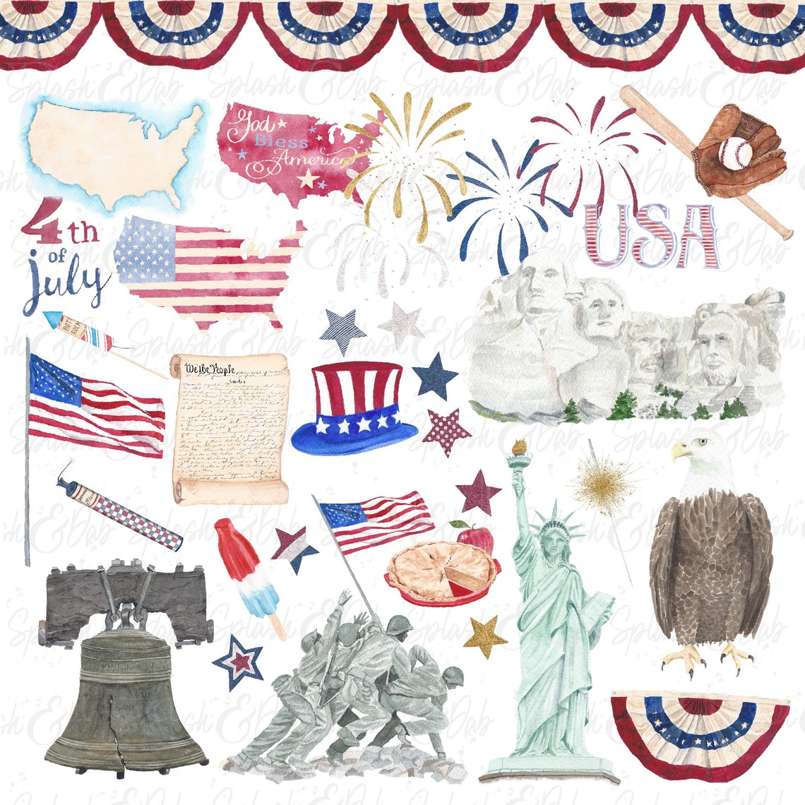 4th of July Watercolor Clipart Patriotic Clipart USA | Etsy