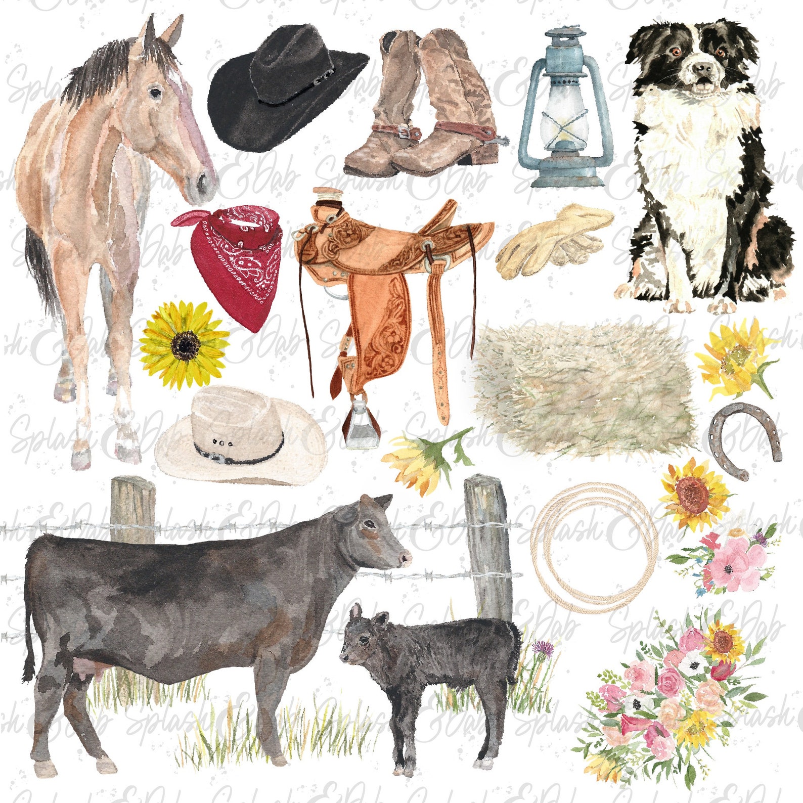 Western Watercolor Clip Art Cowboy Clipart Horse Dog Boots - Etsy