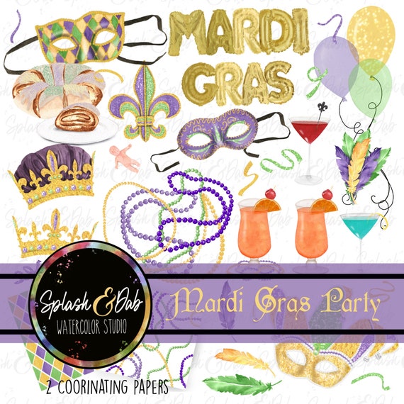 Mardi Gras Watercolor Clipart Party - Etsy