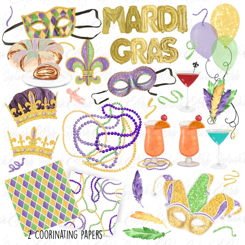 Mardi Gras Watercolor Clipart Party - Etsy
