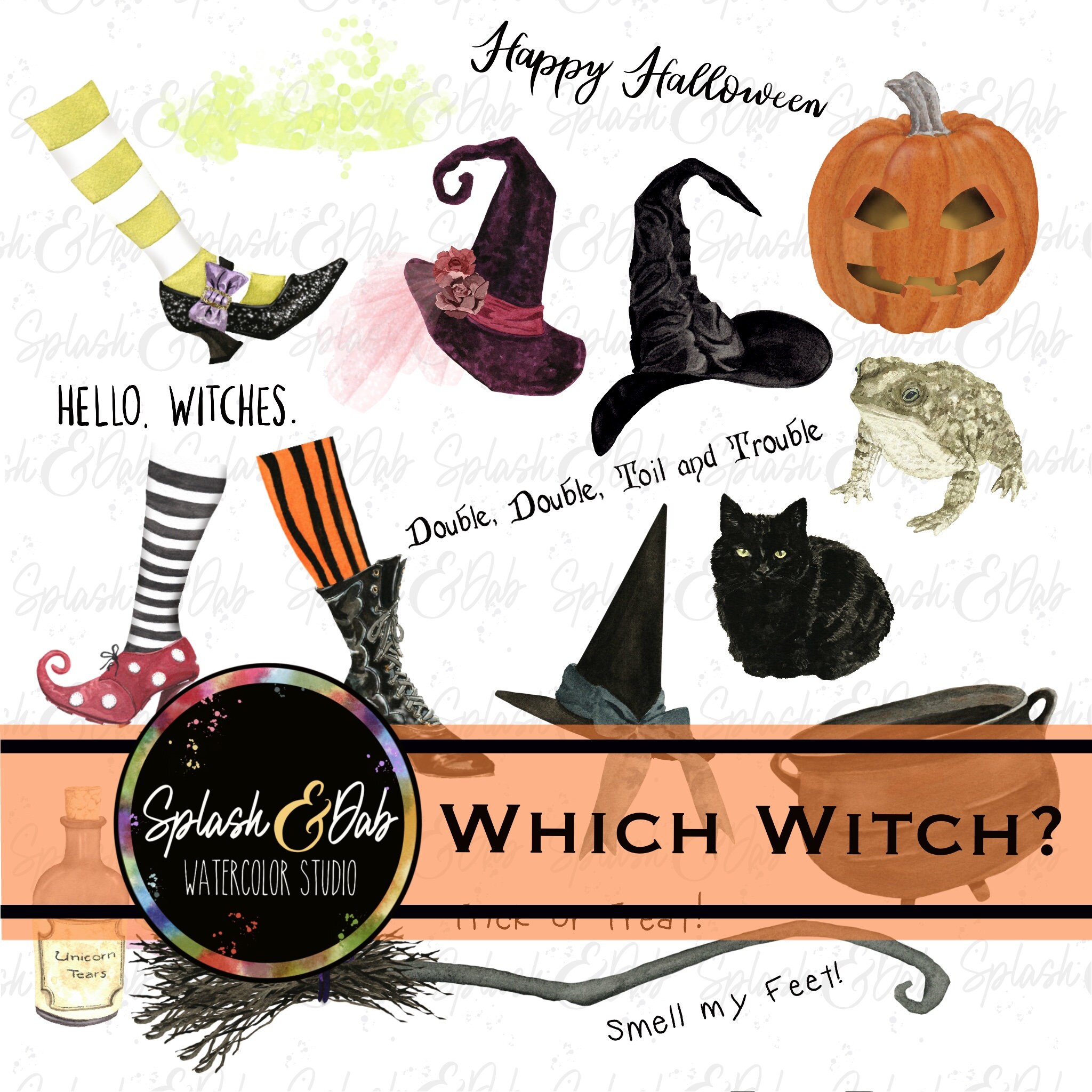 Halloween Watercolor Clipart Witch Legs Shoes Black Cat | Etsy