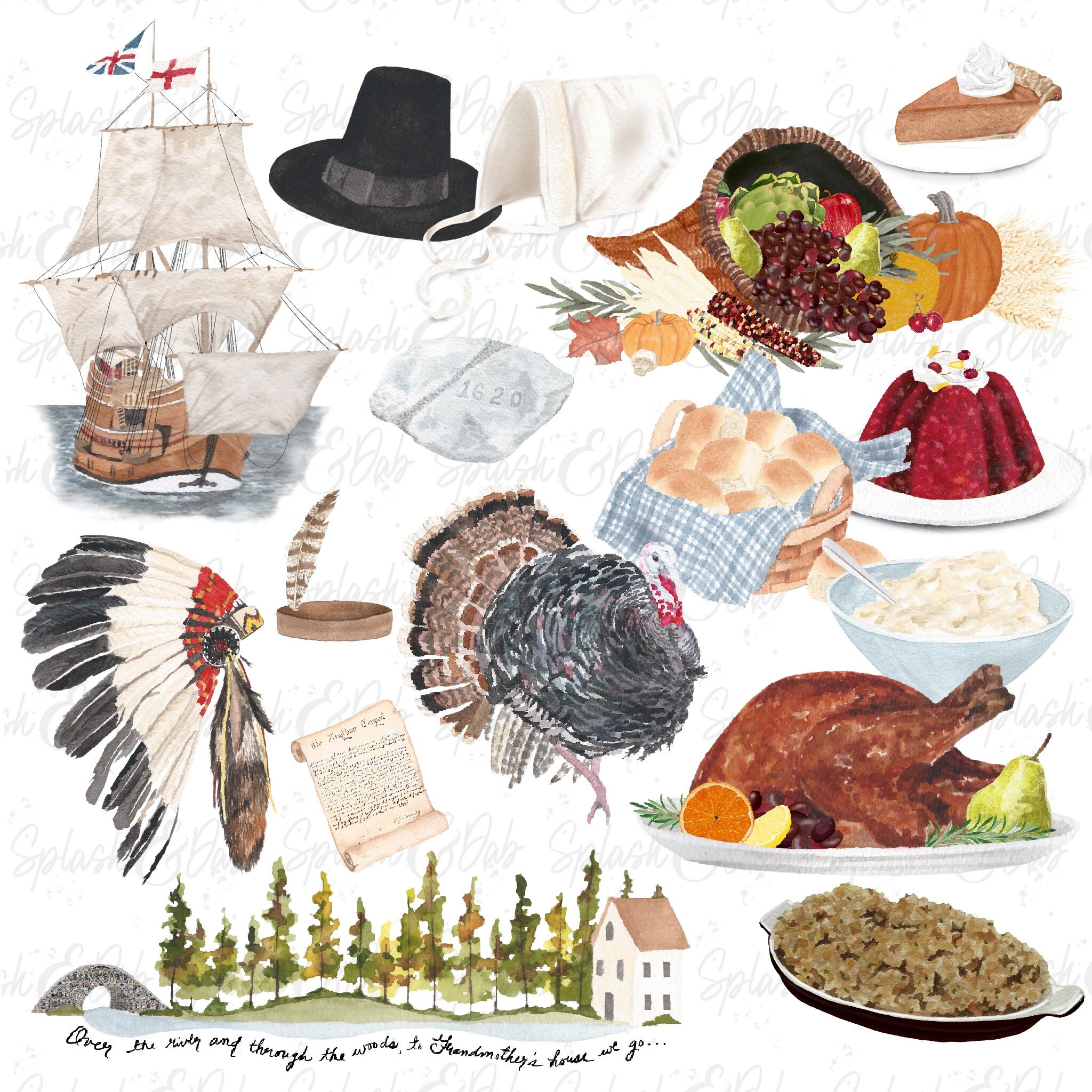 Thanksgiving Watercolor Clipart Turkey Cornucopia Pilgrim - Etsy