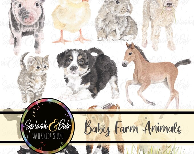 Watercolor Clipart, Baby Farm Animals, Puppy, Bunny, Kitten, Duckling ...