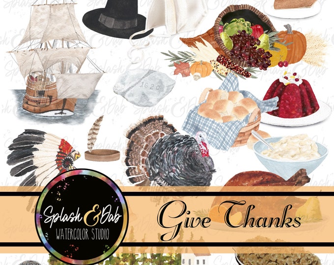 Thanksgiving Watercolor Clipart, Turkey, Cornucopia, Pilgrim Hat ...