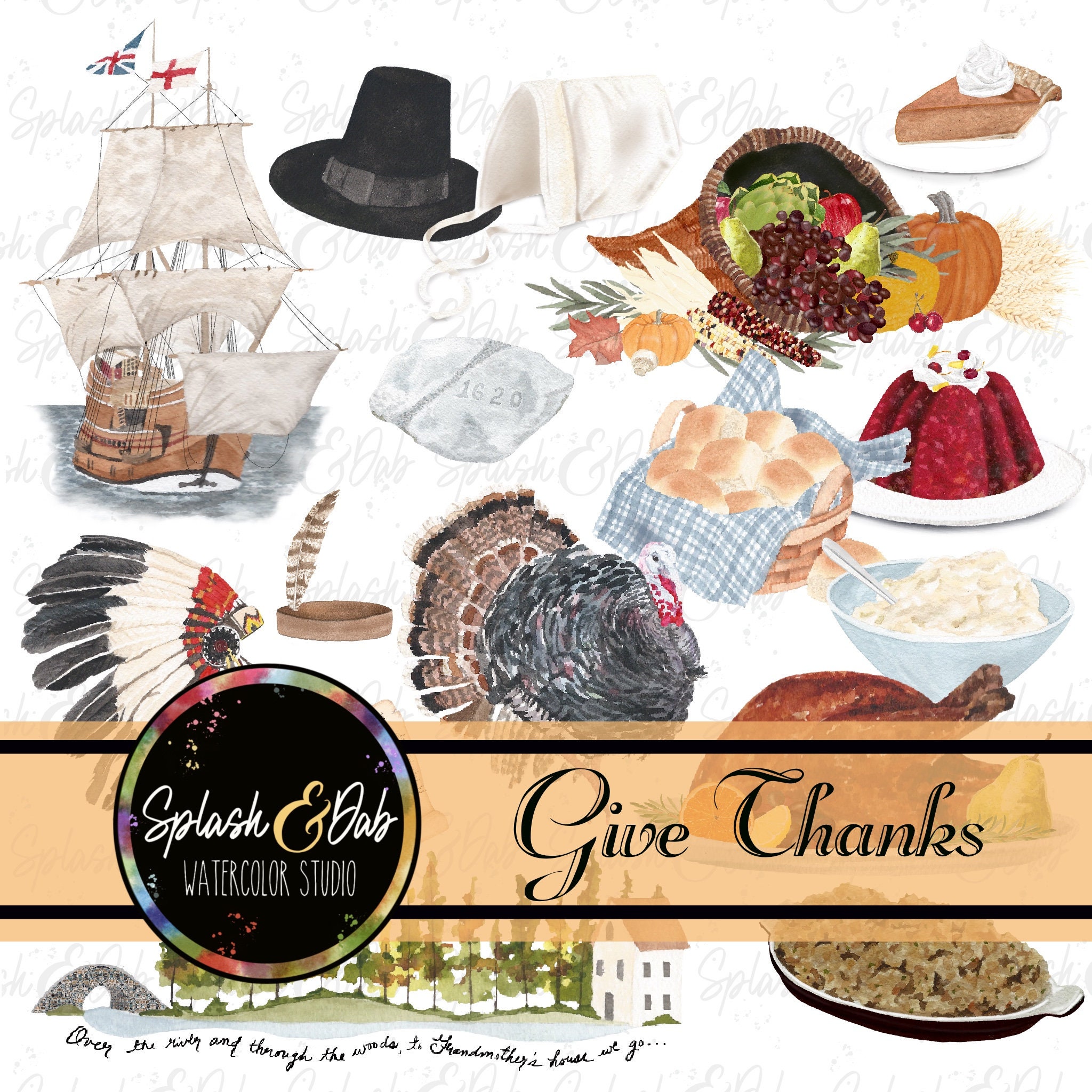 Thanksgiving Watercolor Clipart Turkey Cornucopia Pilgrim - Etsy