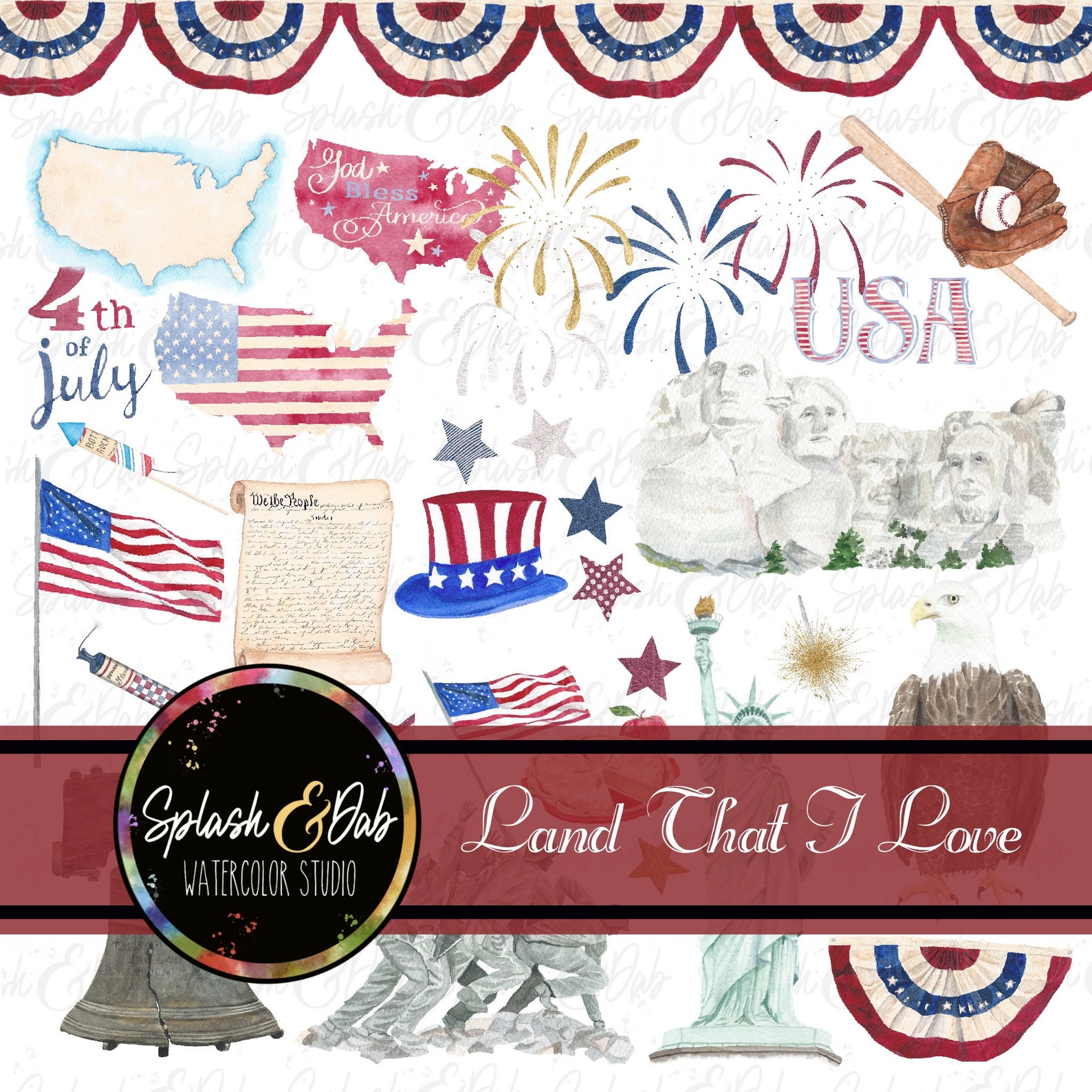 4th of July Watercolor Clipart Patriotic Clipart USA | Etsy