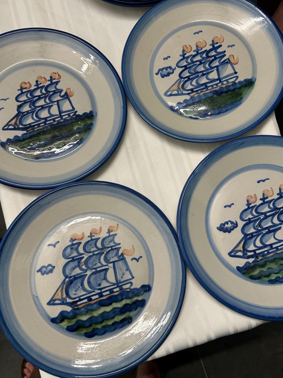 Rare Handmade M.A. Hadley Ship & Whale Set of Four Dinner Plates Made ...