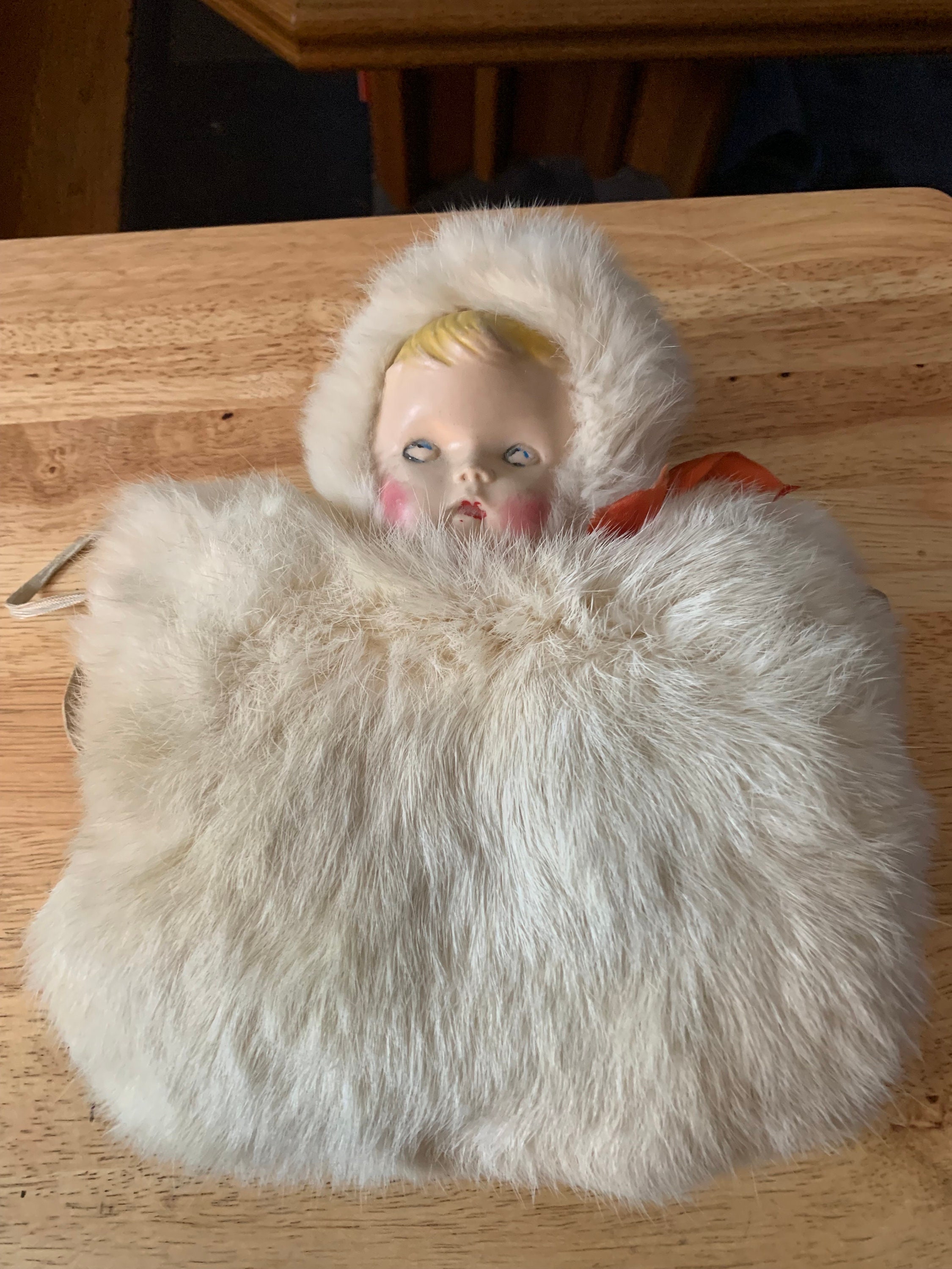 Mid Century, Modern White Rabbit Fur Child’s Doll Head Muff Hand Warmer ...