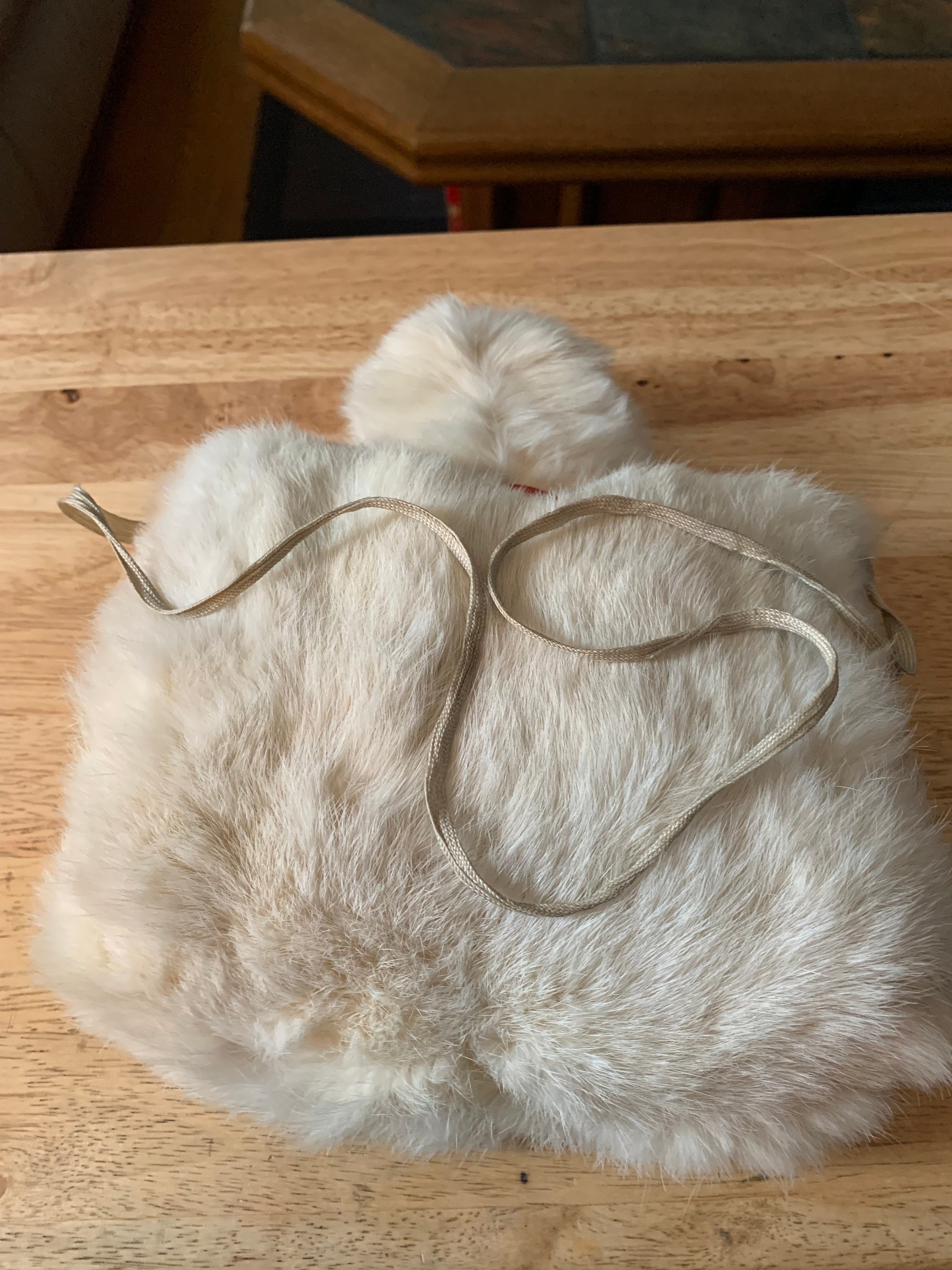 Mid Century, Modern White Rabbit Fur Child’s Doll Head Muff Hand Warmer ...