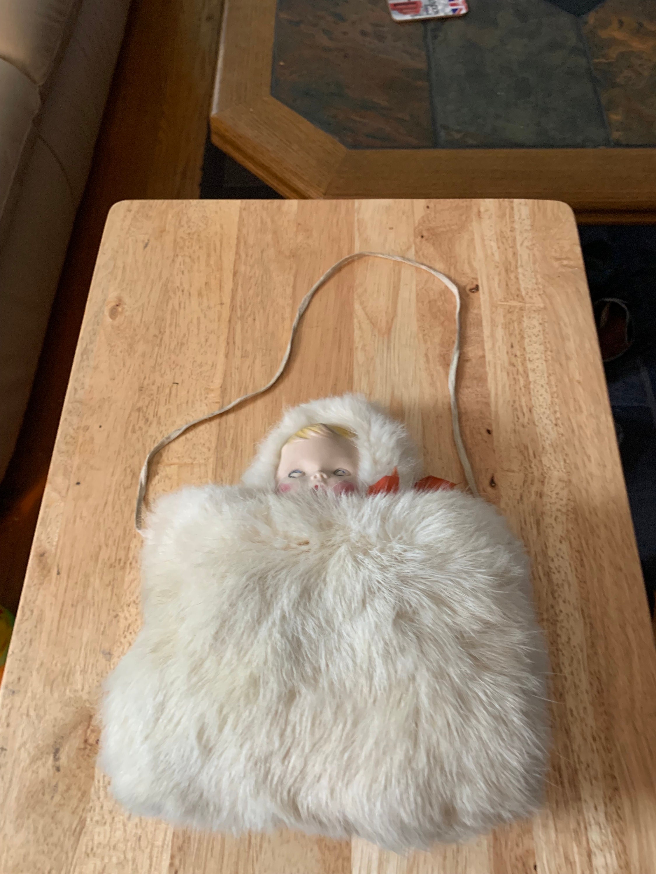 Mid Century, Modern White Rabbit Fur Child’s Doll Head Muff Hand Warmer ...