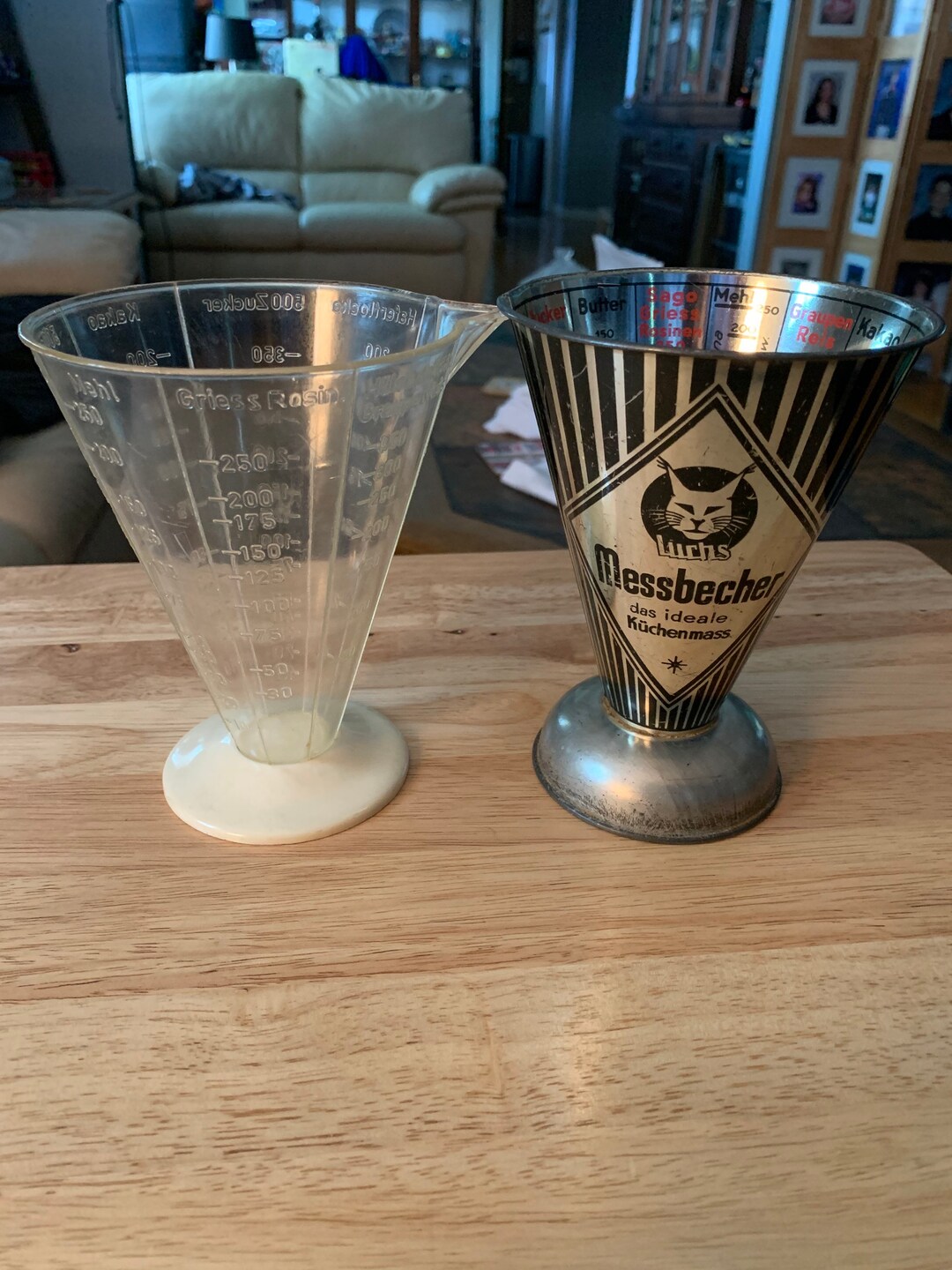 Two 1950s metric measuring cones one plastic one metal made in Germany ...