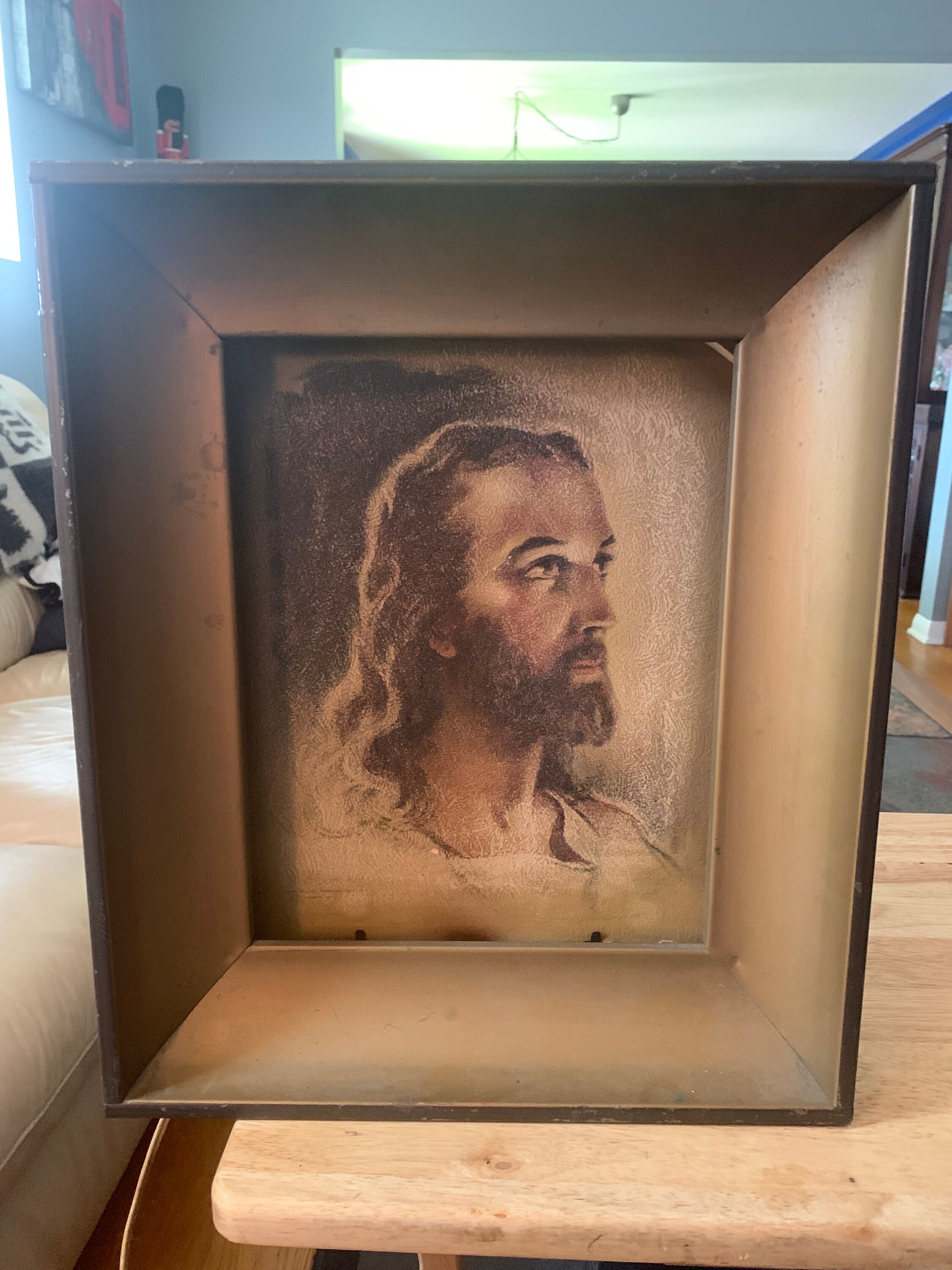 Vintage Jesus Christ Lithograph in a Metal Gold Frame That Lights up in ...