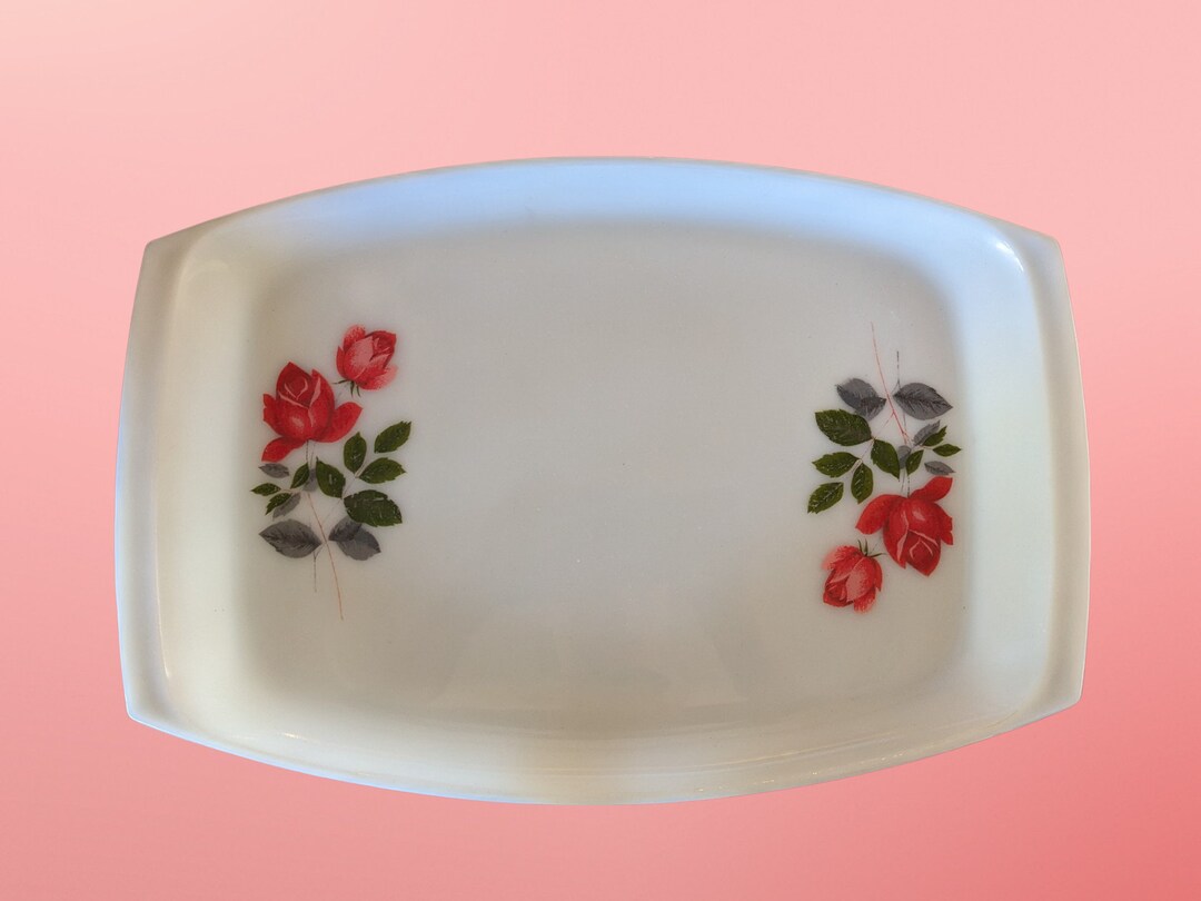 Large Vintage Jaj Pyrex june Rose Serving Platter Ovenware Milk Glass ...