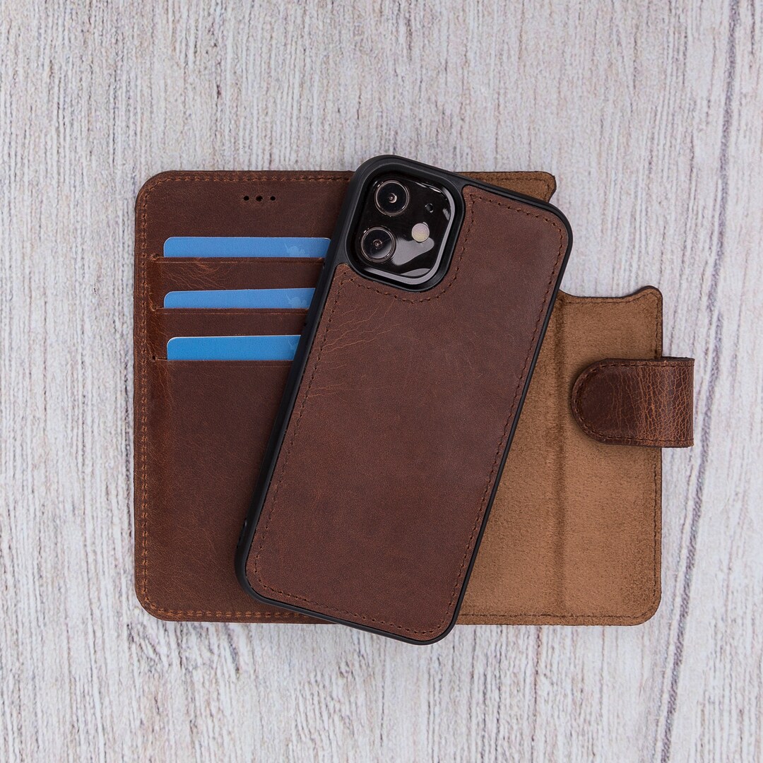 Handmade Brown Leather iPhone Wallet Case: Detachable Bifold Cover - Etsy