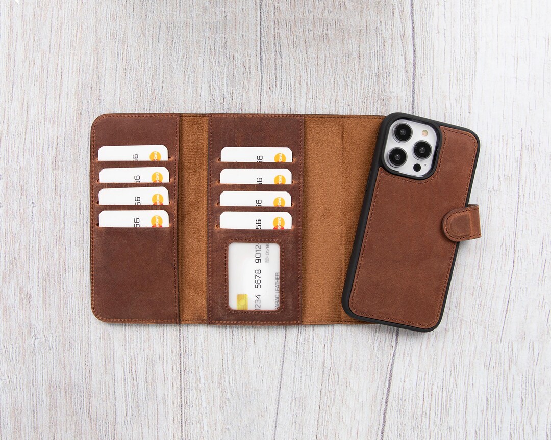 Full Grain Leather iPhone Wallet Case: Magnetic Detachable Magsafe ...