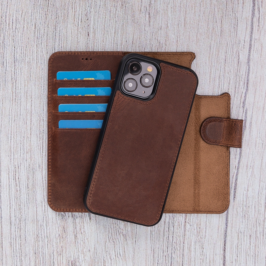 Brown Leather iPhone 12 Wallet Case: Magnetic Detachable Cover, Stand ...