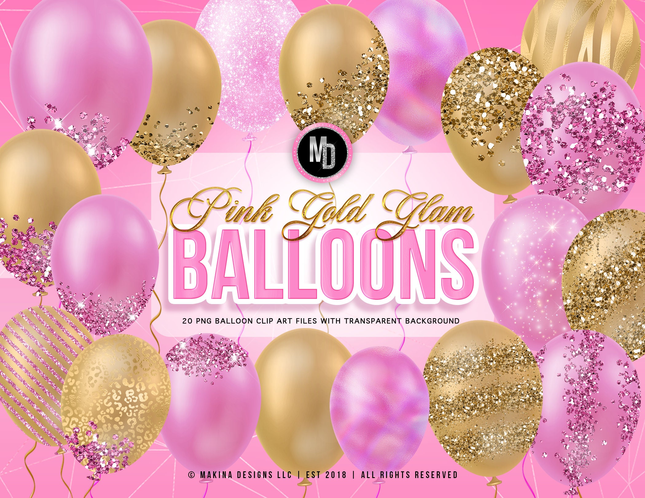 BALLOON CLIP ART Png Files Pink and Gold Balloon Clipart | Etsy