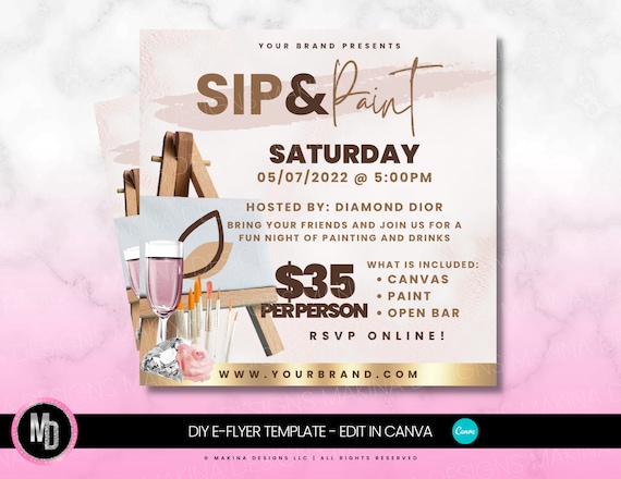 SIP AND PAINT E-flyer Template Edit on Canva Sip and Shop | Etsy