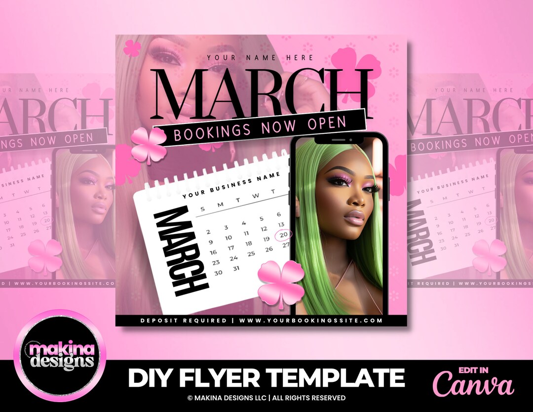 March Bookings Flyer Template, Full Set Nails, Lash Extensions, Wigs ...