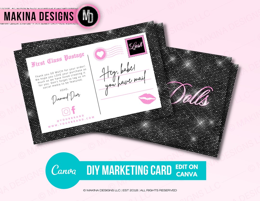 POSTCARD MARKETING CARD, Thank You Postcard, Marketing Card, Retargeting Card, Glitter Pink ...
