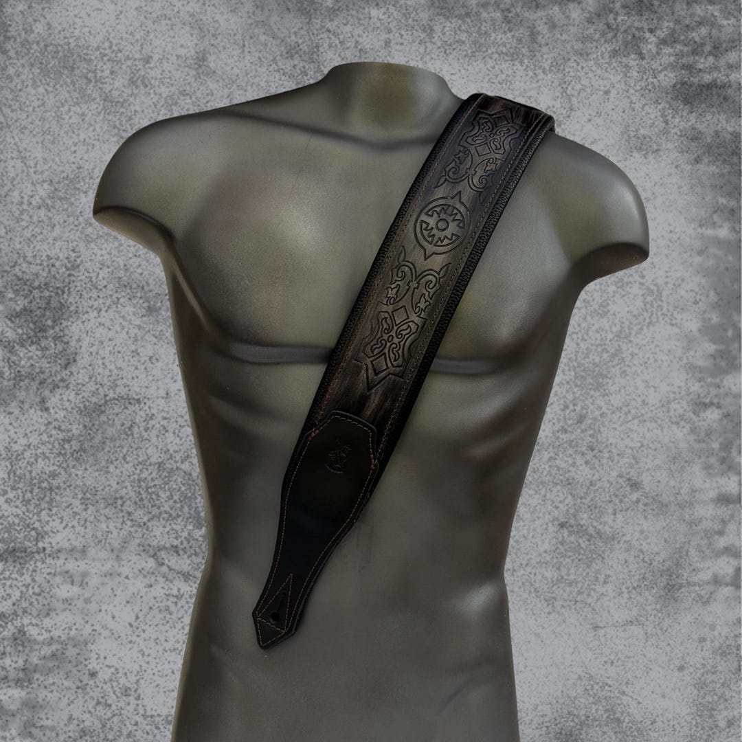 Dark Brown Leather Guitar Strap | Celtic Embossed Padded Bass Strap - Etsy
