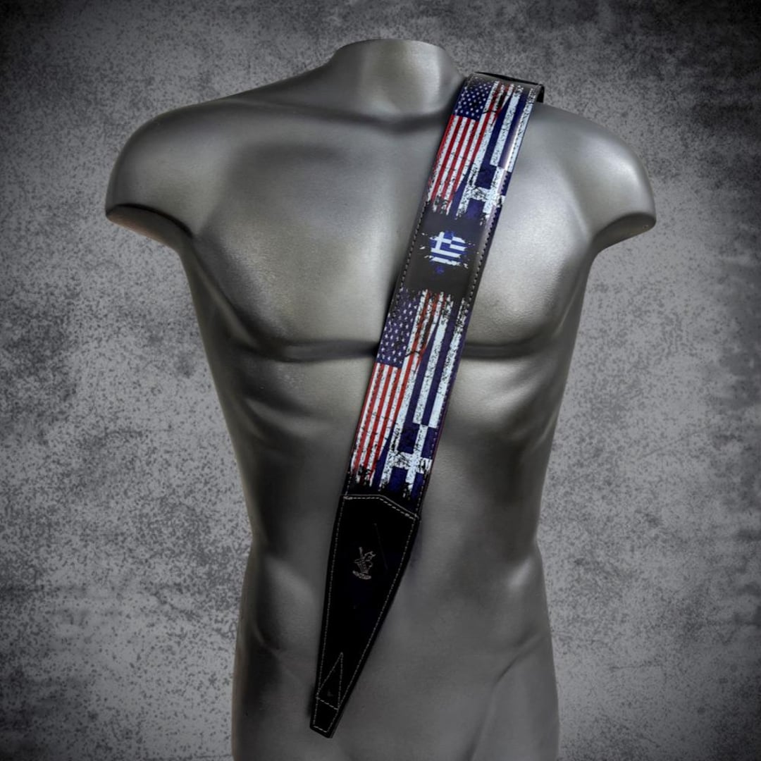 Greek-american Flag Leather Guitar Strap: Hand-sewn, Adjustable - Etsy