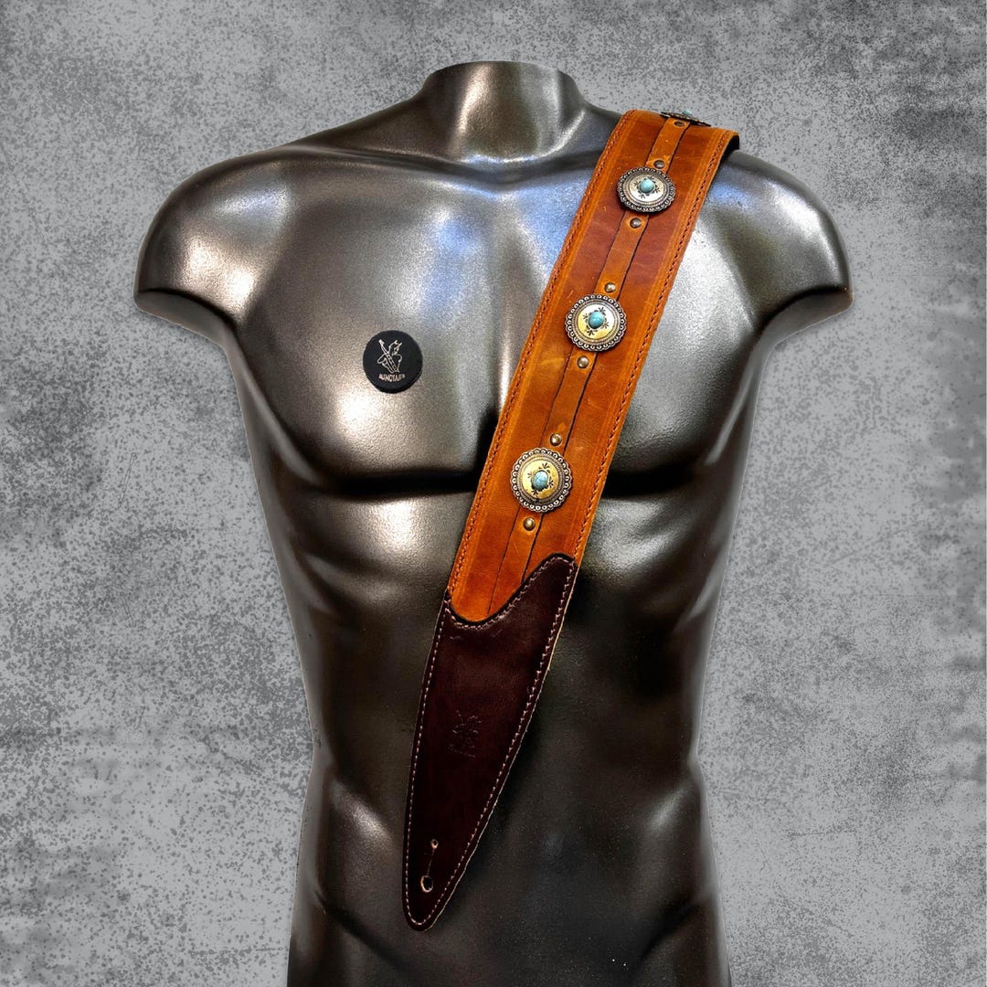 Brown Leather Padded Guitar Strap | TEXAS Vintage Cyan Concho ...