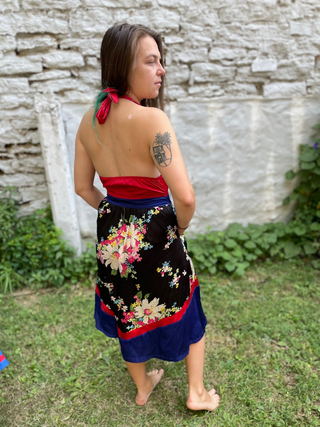 Vintage Handmade Silk Asian Halter Dress With POCKETS! - Black, Blue ...