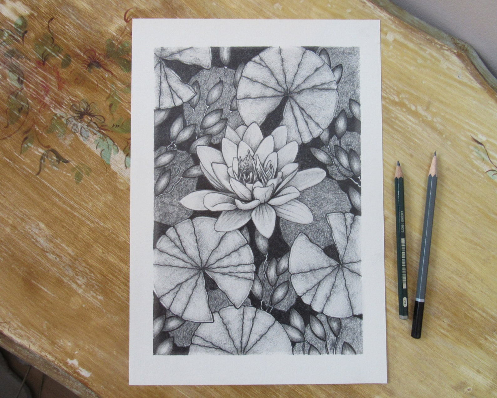 English Cottage Lily Pond Drawing Print - Etsy