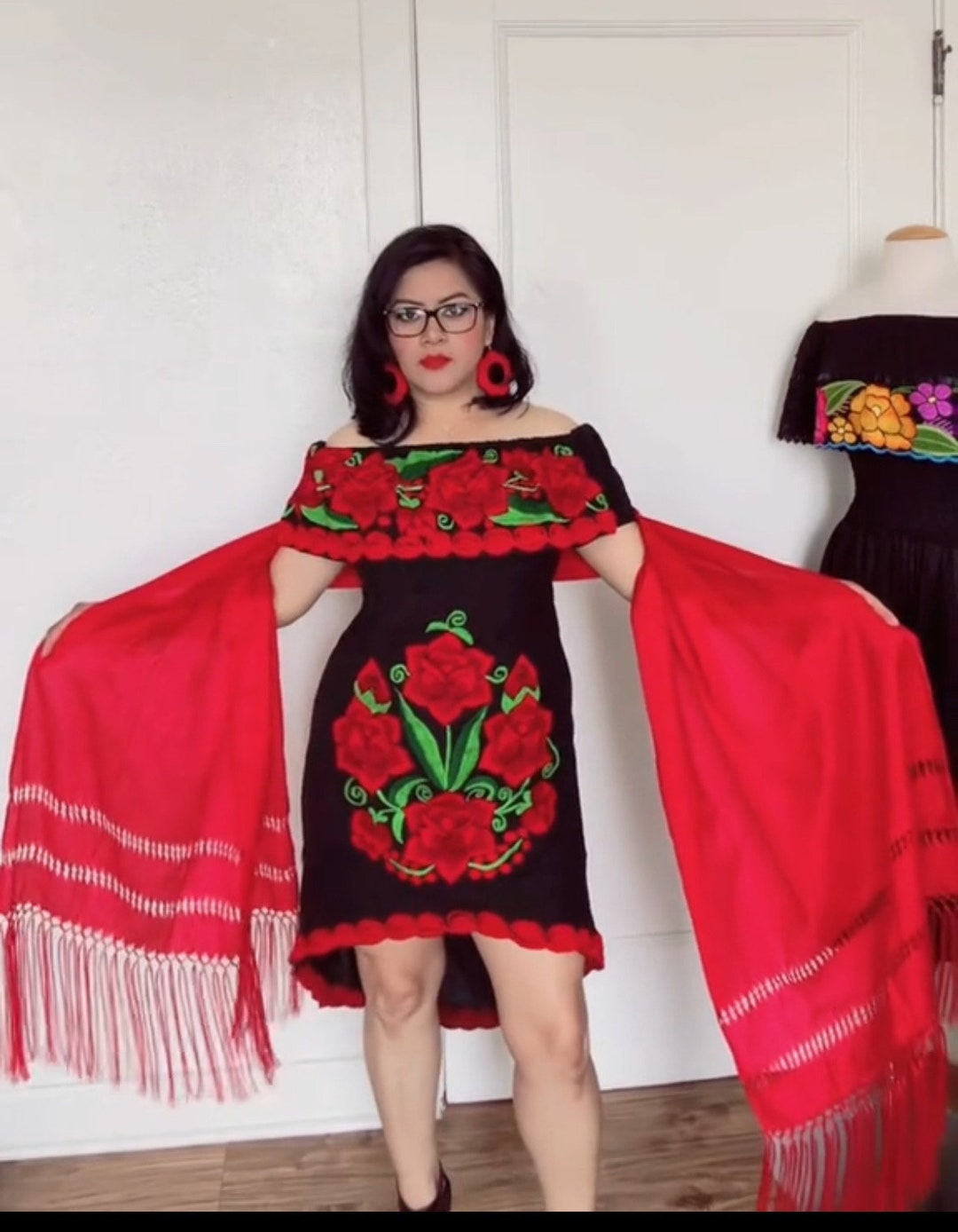 Amaizing Embroidery Mexican Dress With Red Rebozo - Etsy