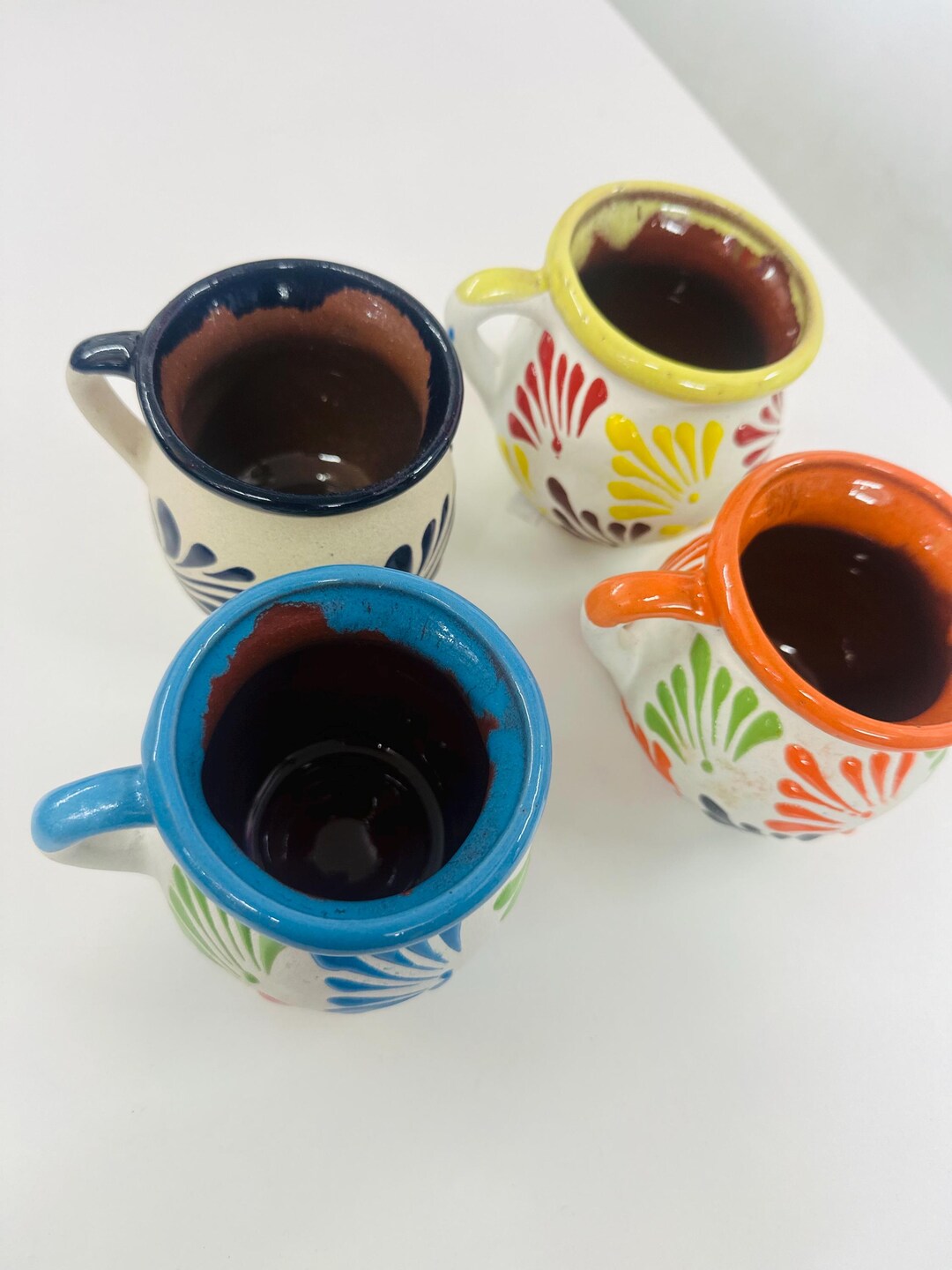 Set of 4 Mexican Caffe Mugs Mexican Hand-painted Clay / Spanish Pottery ...