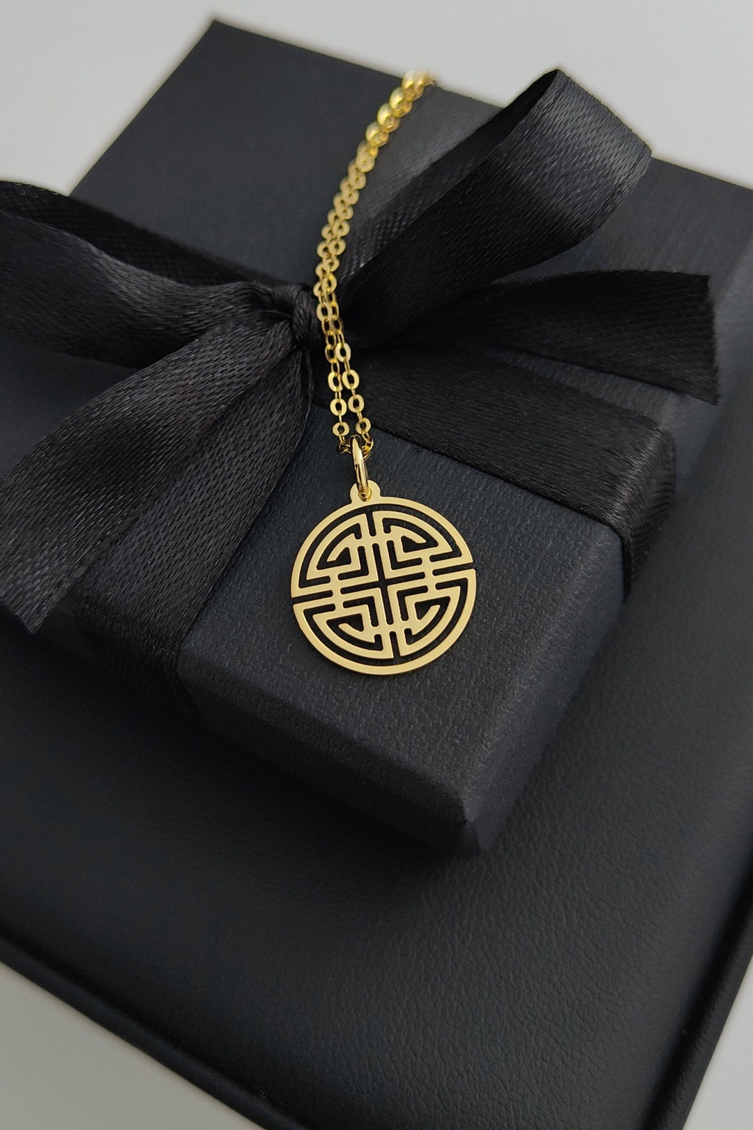 14K Gold Four Blessings Necklace, Taoist Symbol With 14K Solid Gold ...