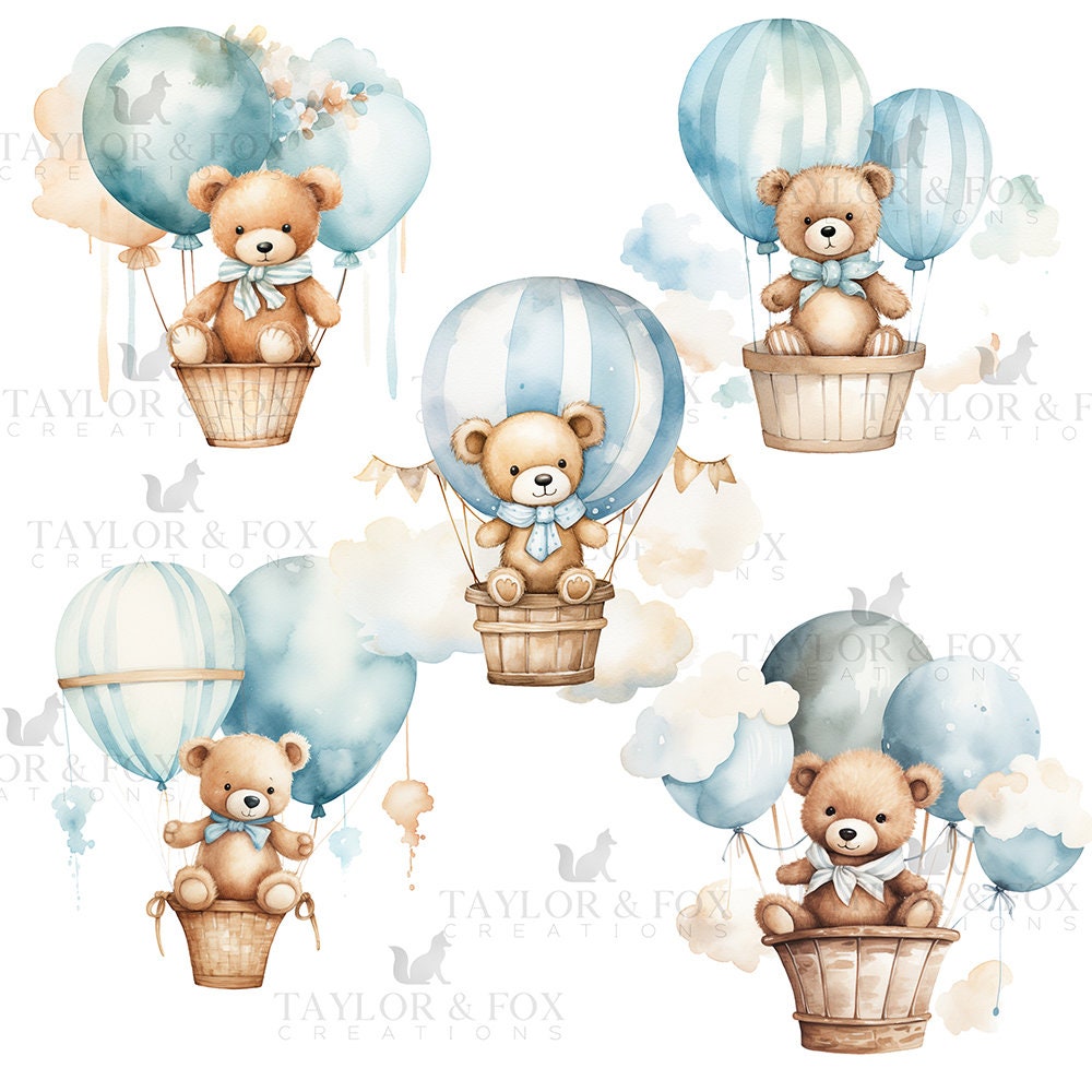 Teddy Bear Hot Air Balloon Watercolor Clipart: Baby Shower PNG Set (5 ...