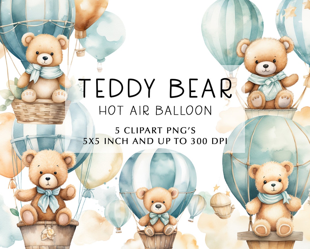 Teddy Bear Hot Air Balloon Watercolor Clipart, Teddy Bear Theme Baby ...