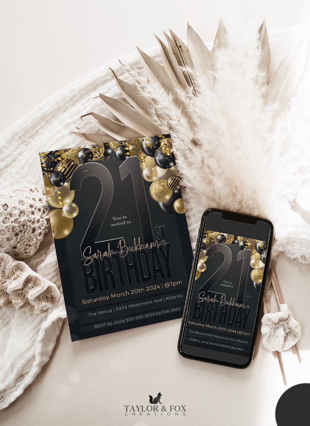 21st Birthday Invitation Editable 21st Invite Black Invitation, Simple ...