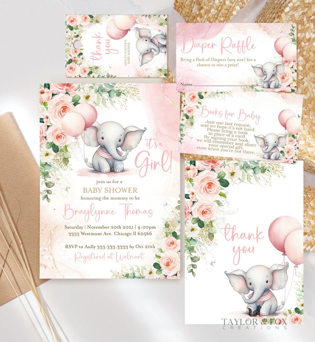 Elephant Baby Shower Invitation, Elephant Pink Baby Shower Bundle ...