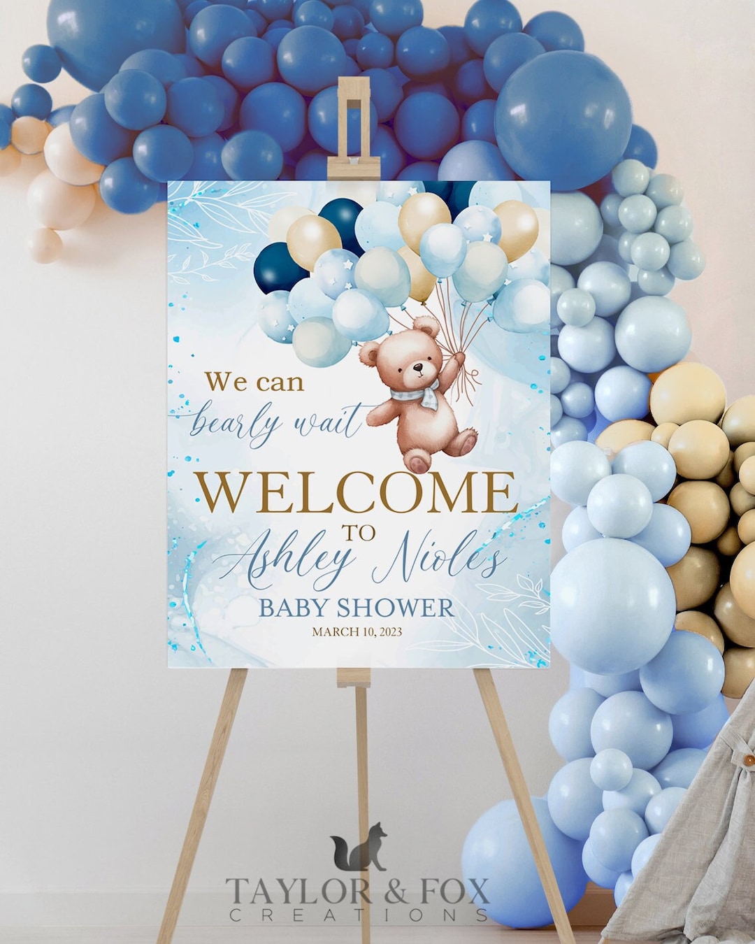 Editable Teddy Bear Welcome Sign, Teddy Bear Balloon Baby Shower ...