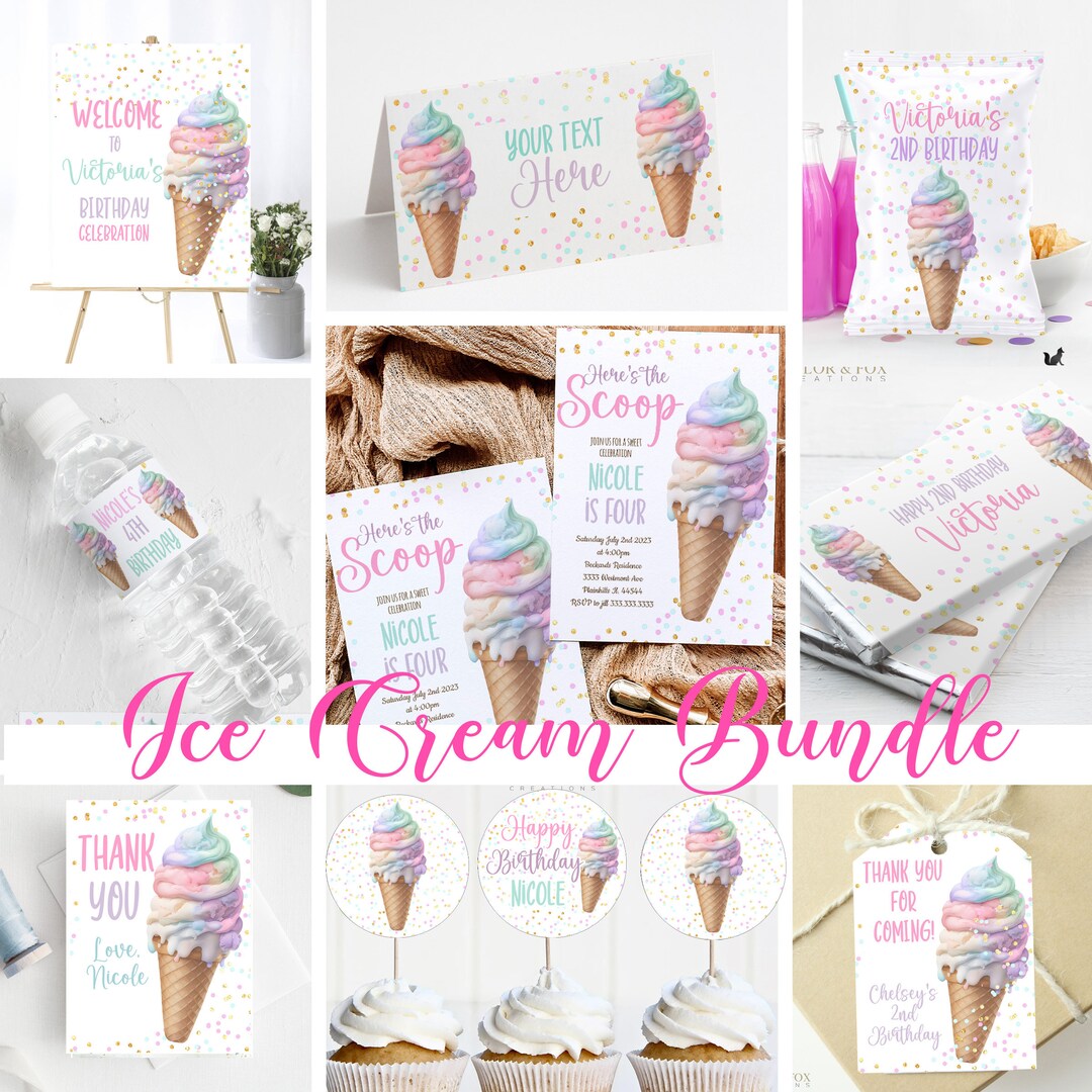 Editable Ice Cream Birthday Invitation Bundle, Rainbow Ice Cream ...
