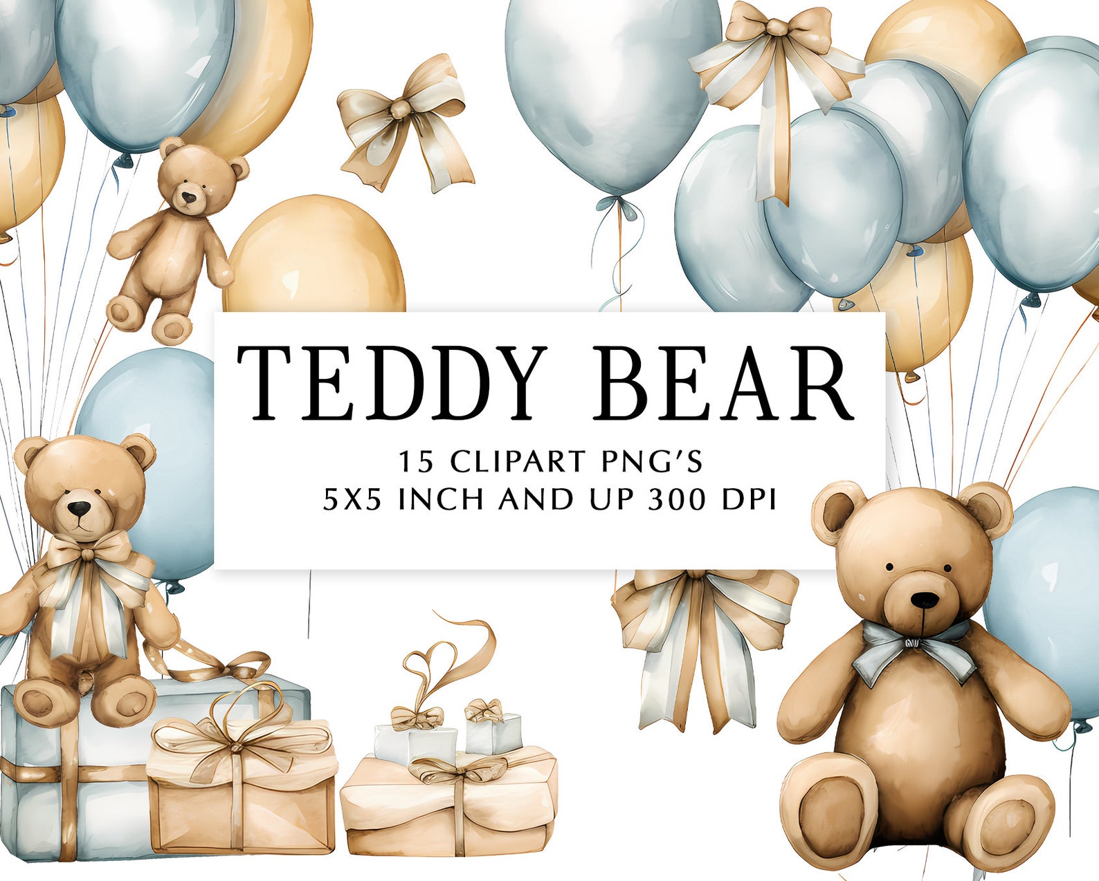 Teddy Bear Watercolor Clipart, Teddy Bear Theme Baby Shower Clipart Set ...
