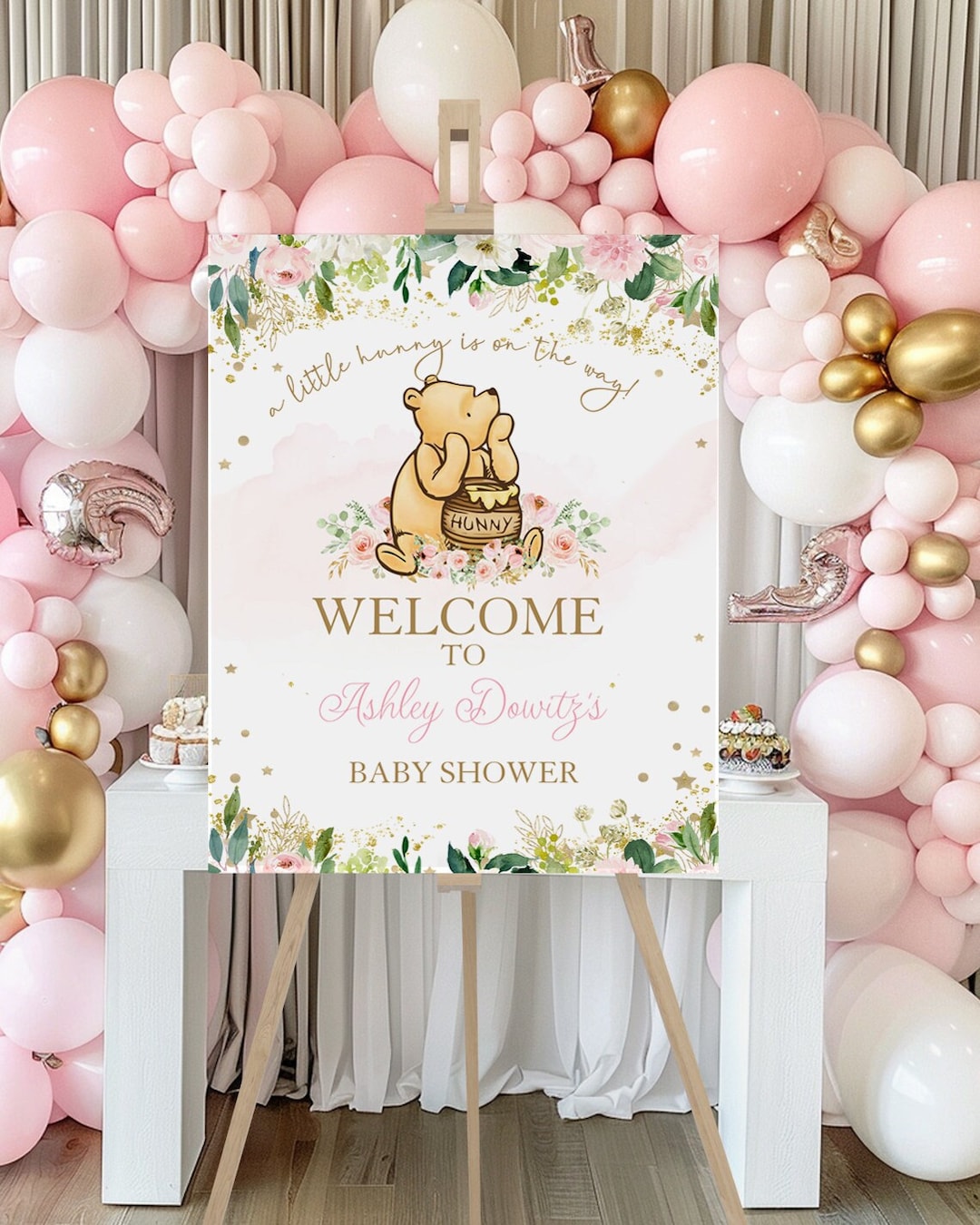 Editable Winnie the Pooh Pink Sign, Winnie the Pooh Baby Shower, Winnie ...