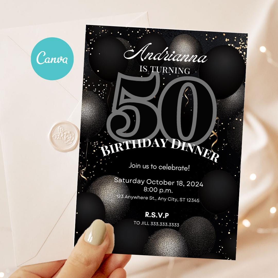 50th Birthday Invitation Editable 50th Invite Black Invitation, Simple ...